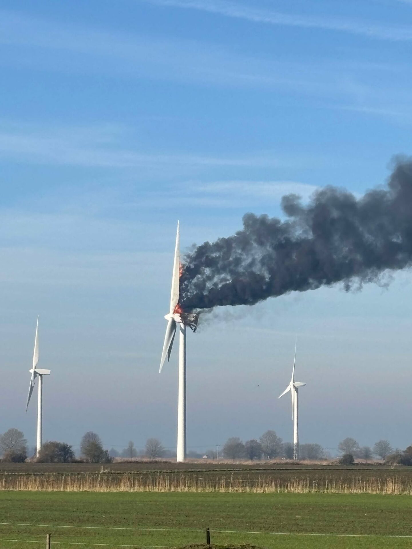 Wind turbine on fire at Coldham near Wisbech