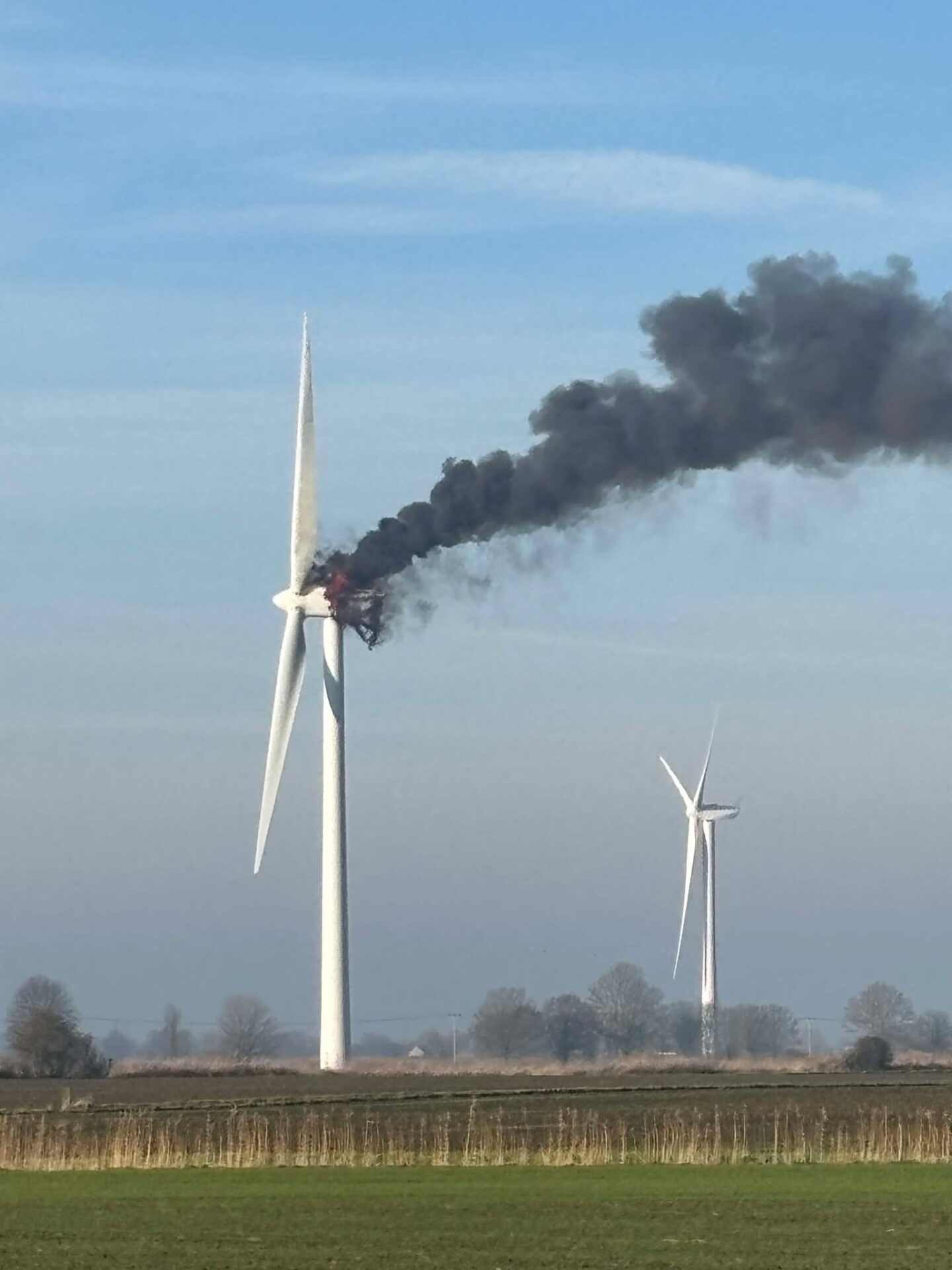 Wind turbine on fire at Coldham near Wisbech